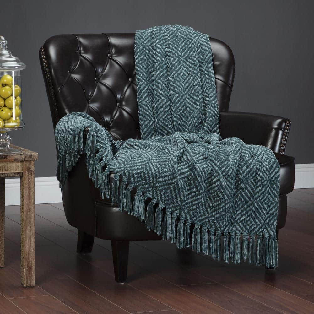 CHANASYA Chenille Teal Knit Diamond Textured Throw Blanket with Tassels ...