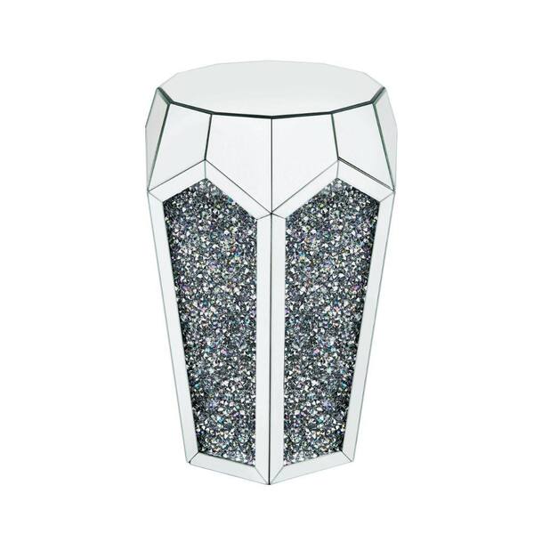Benjara 18 in. Silver Round Glass End Table with Mirror Panels and Faux ...