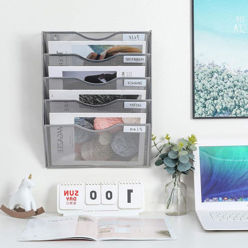 Silver 12.8 in. x 16.7 in. Metal Wall-Mounted Magazine Rack Z08GC4J76X ...