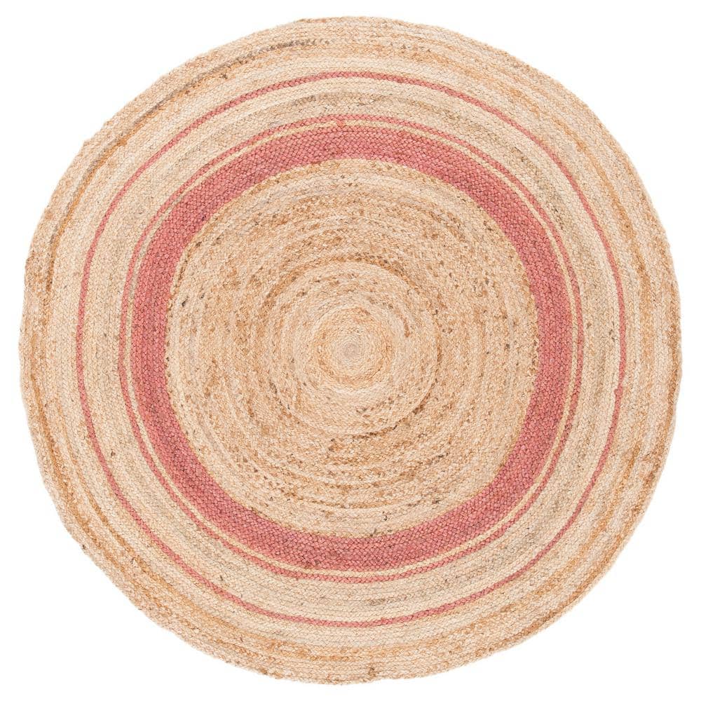 SAFAVIEH Natural Fiber Pink/Beige 5 ft. x 5 ft. Woven Border Round Area ...