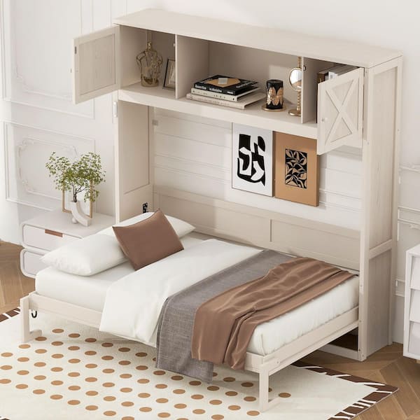 Harper & Bright Designs Rustic Beige Solid Wood Frame Full Size Murphy ...