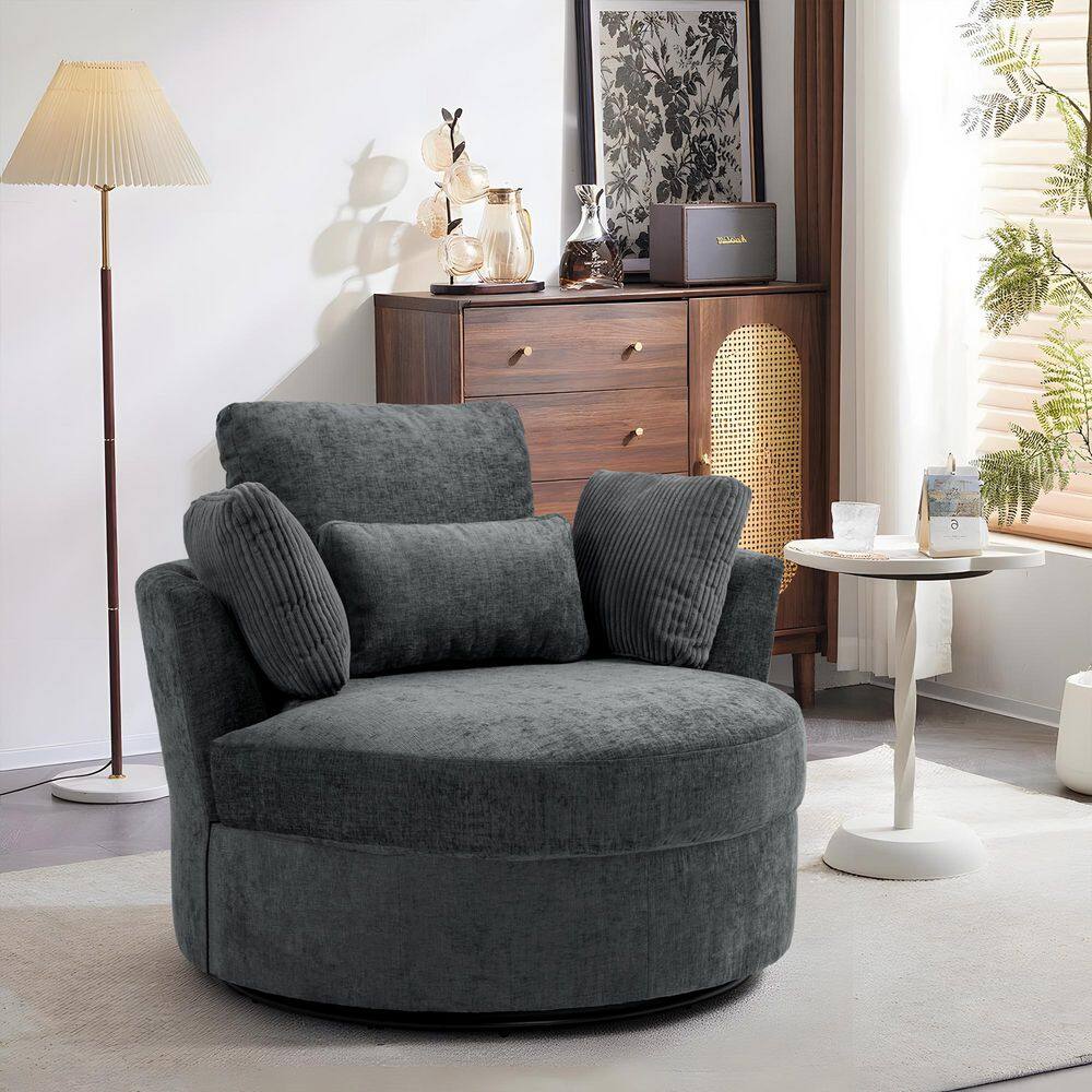 Uixe Gray Cotton Upholstered 360° Swivel Accent Barrel Chair with ...