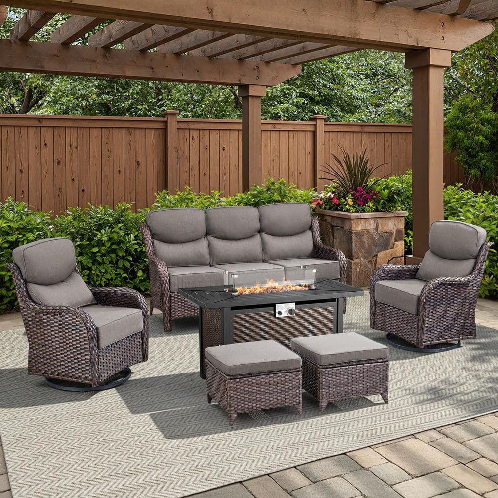 Opohoro Arcadia Brown 6-Piece Wicker Outdoor Patio Fire Pit Deep ...