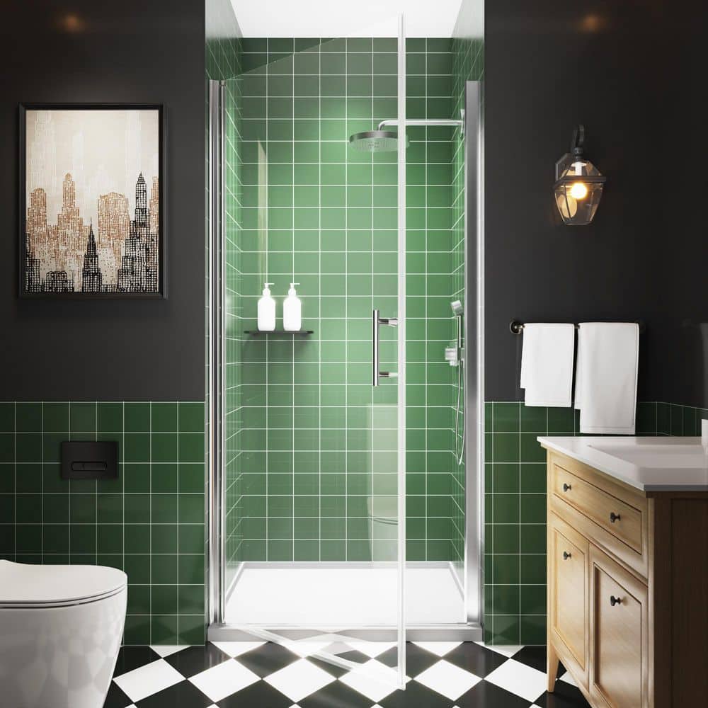 Wynnt 34-35.5 in. W x 72 in. H Frameless Pivot Shower Door in Chrome ...