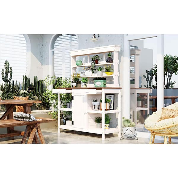 66" Large Outdoor Wood Plant Stand, Garden Workstation with 2 Drawers ...