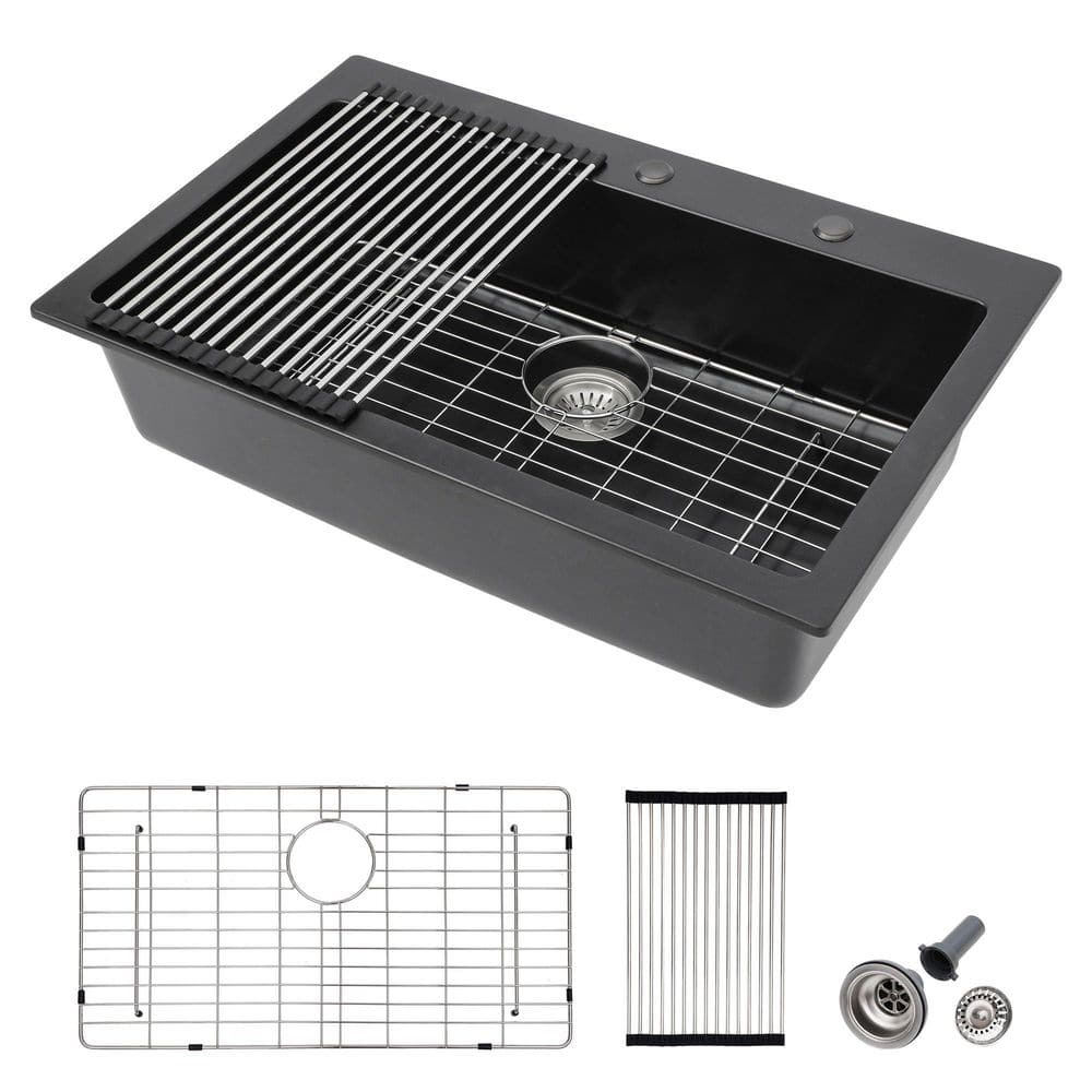 Fulorni 33 in. Drop-In Matte Black Granite Composite Kitchen Sink ...