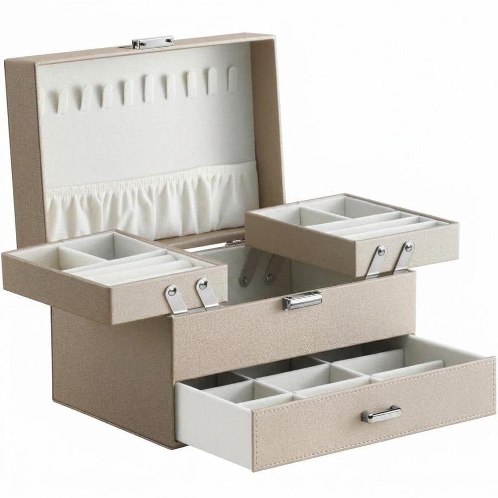 Gift Ready 5.7 in. x9..1 in.x6.3 in. Beige 3 Layers Synthetic Leather ...