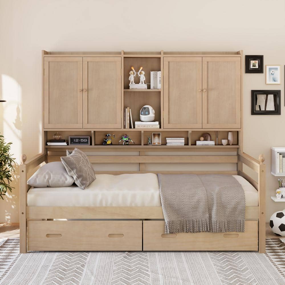 Harper & Bright Designs Multifunctional Natural Twin Size Storage ...