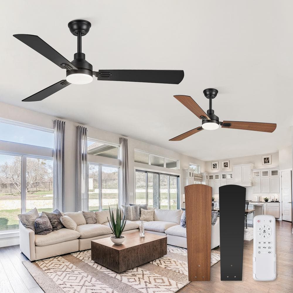 HINNIXY 2-Pack 52 in. Indoor Matte Black 3-Colors LED Ceiling Fan with ...
