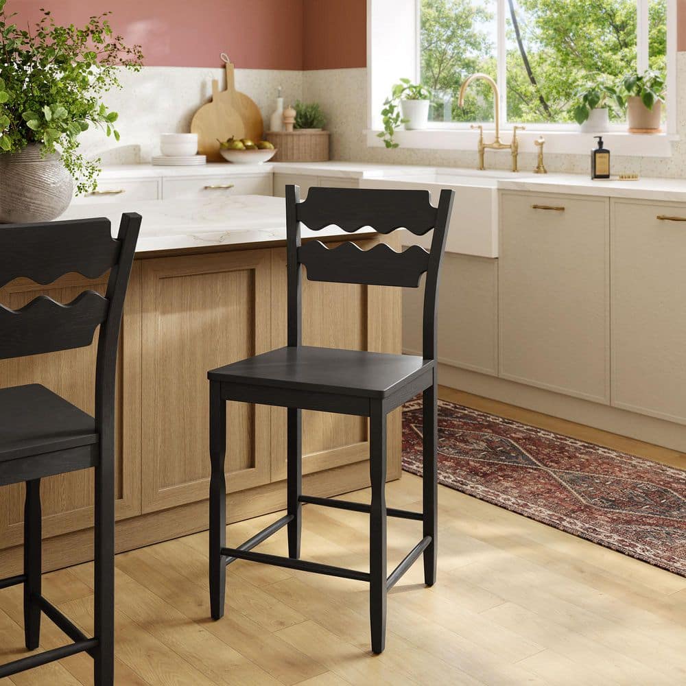 MODWAY Jax Vintage 43 in. H Inspired Oak Wood Counter Stool with Wavy ...