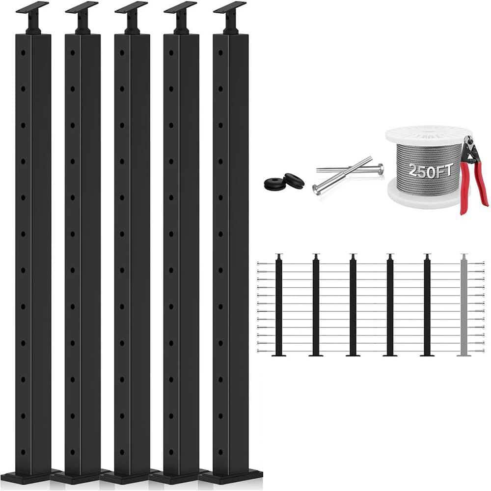 Afoxsos 2 in. Matte Black T304 Cable Railing Post Kits 5 Pack ...