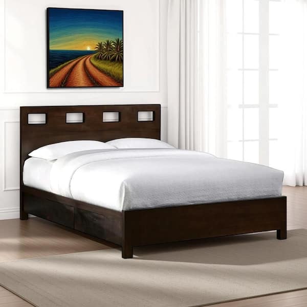 Benjara Yee Brown Wood Frame Full Panel Bed with Cut Out Headboard and ...