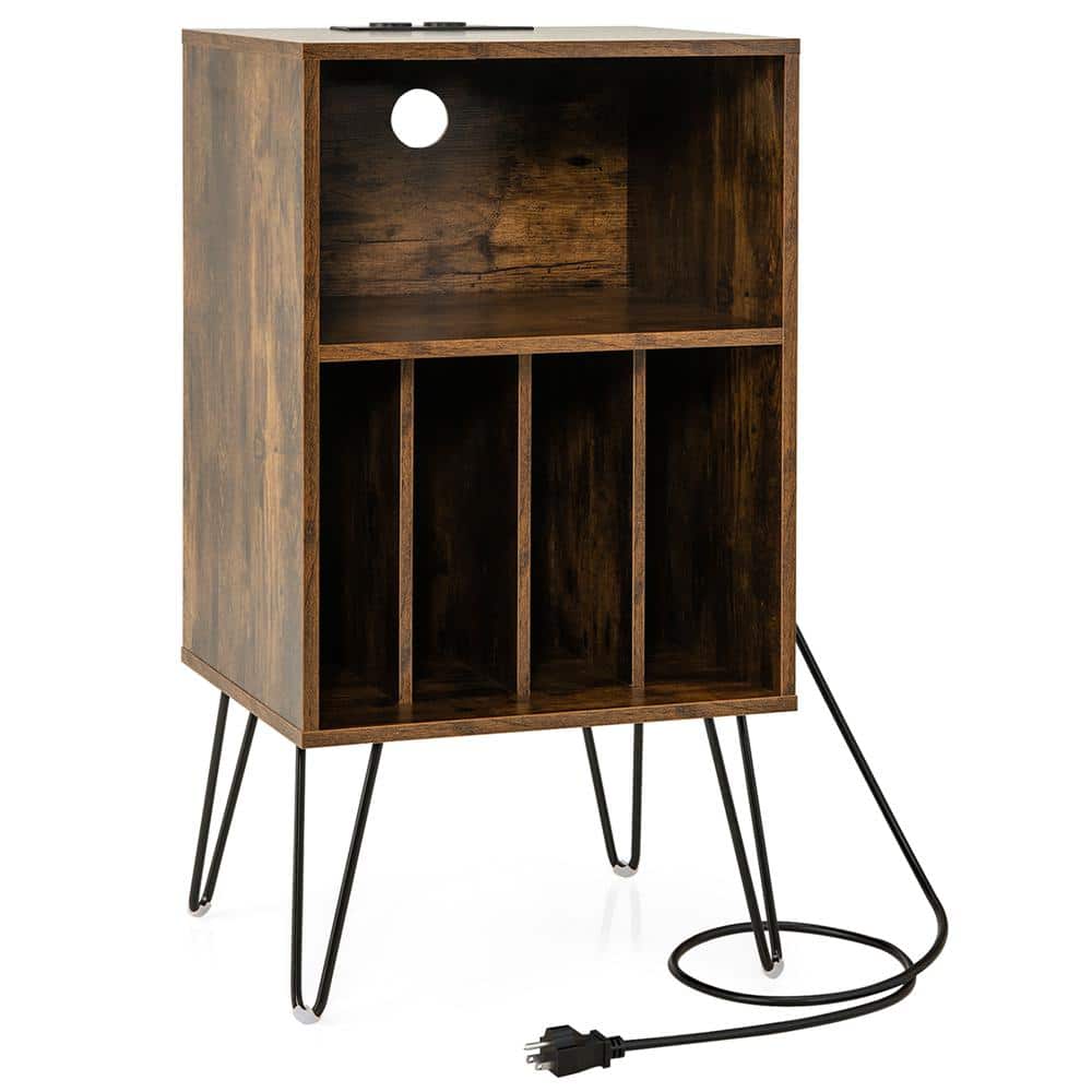 Costway Rustic Brown 3-Tier Record Player Stand with Charging Station ...