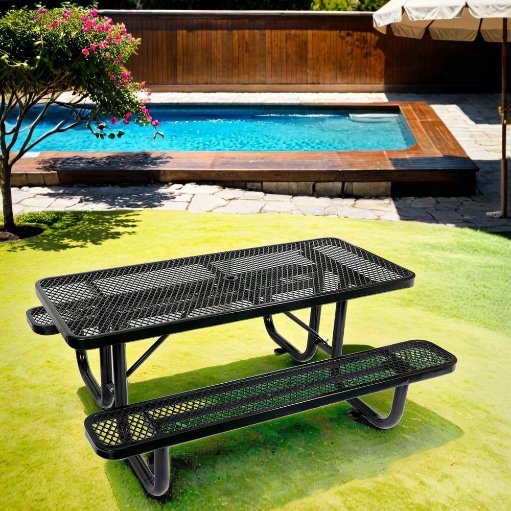 Lycvki 6 ft. Rectangular Outdoor Steel Picnic Table with Umbrella Pole ...