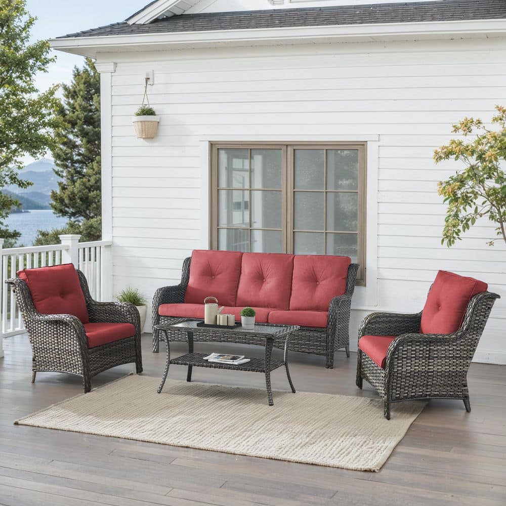 moosprr Arcline 4-Piece Gray Wicker Patio Conversation Set with Olefin ...