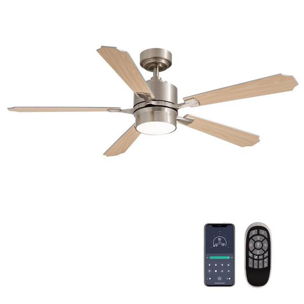 FANNEHONNE 52 in. Indoor Brushed Nickel Ceiling Fan with Dimmable LED ...