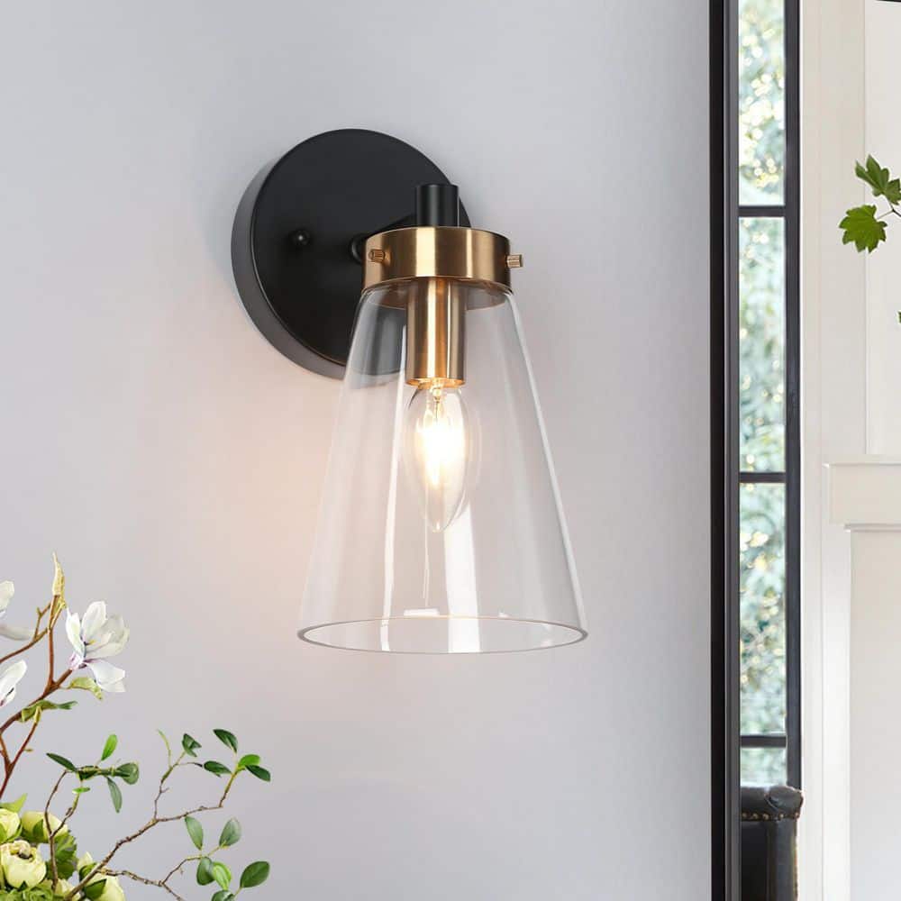 LNC Modern 1-Light Black and Brass Wall Sconce with Bell Clear Glass ...