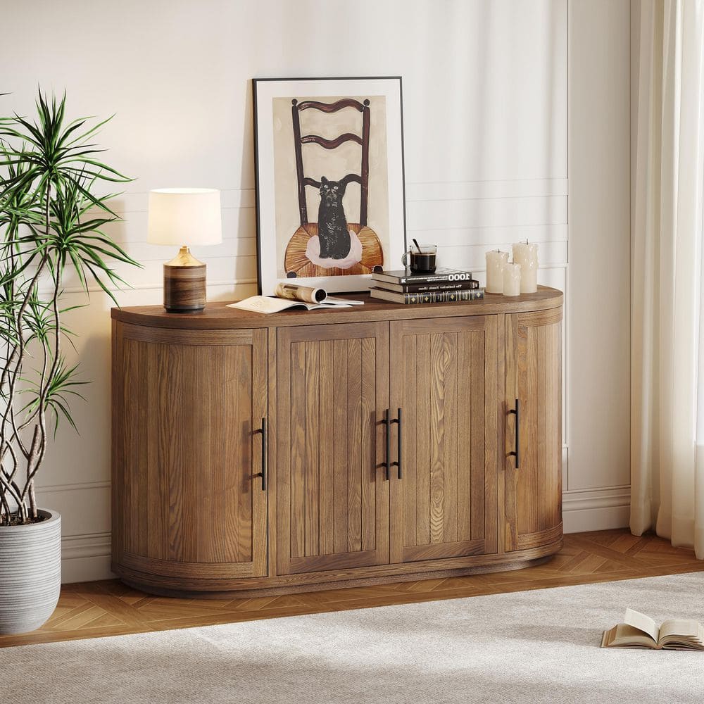 Harper & Bright Designs Curved Design Natural Wood 57 in. Sideboard ...