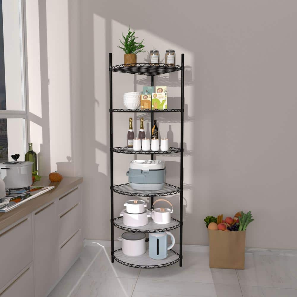 FUNKOL 6-Tier Heavy Duty Steel Wire Corner Shelving Unit in Black (18 ...