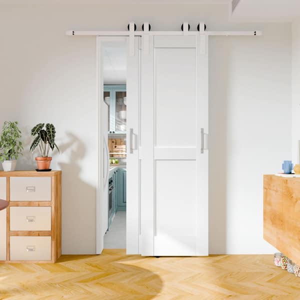 TENONER 48 in. x 80 in. 2 Panel Core White Primed Pine Wood Bypass Barn ...