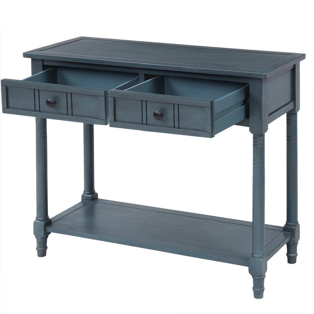 URTR 35 in. Navy Rectangle Wood Console Table with Two Drawers and ...