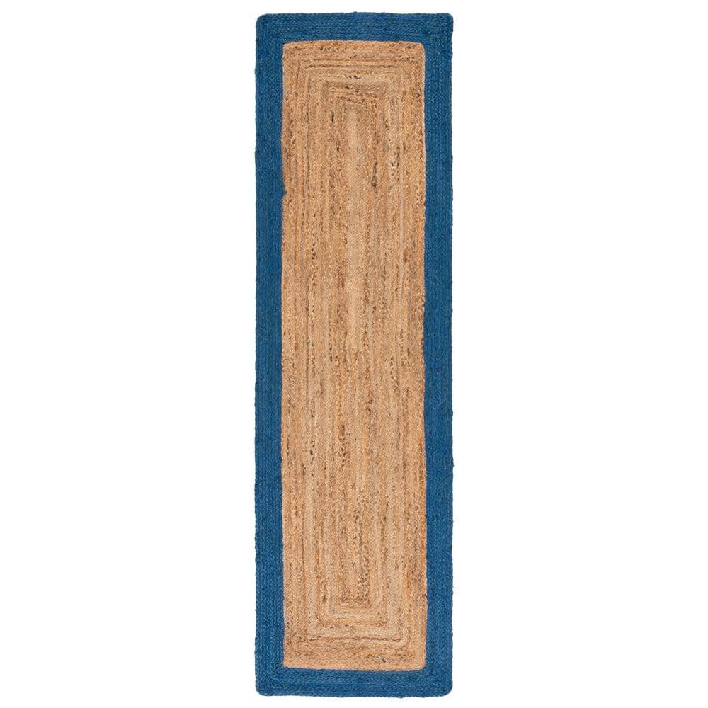 SAFAVIEH Natural Fiber Beige/Blue 2 ft. x 8 ft. Woven Border Runner Rug ...