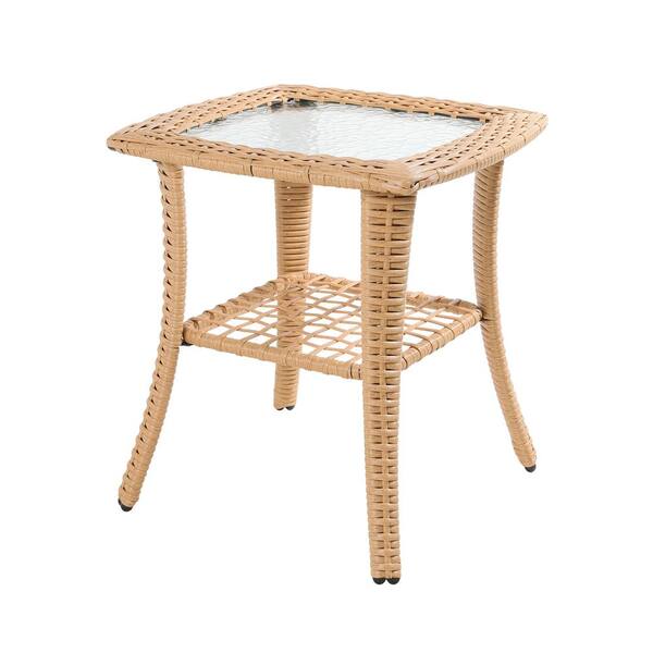 Outdoor PE Beige Rattan Patio Side Table with 5mm Tempered Glass Top HD ...