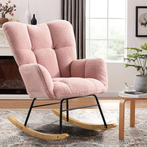 Metal and Teddy Fabric Outdoor Rocking Chair with Pink Cushion, Modern ...
