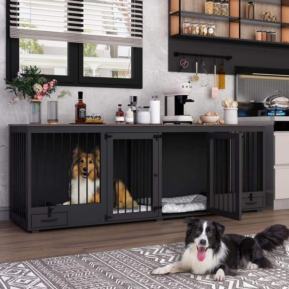 FUFU&GAGA Black Modern Dog Crate with Dog Feeding Area, Large Furniture Style Dog Kennel with ...