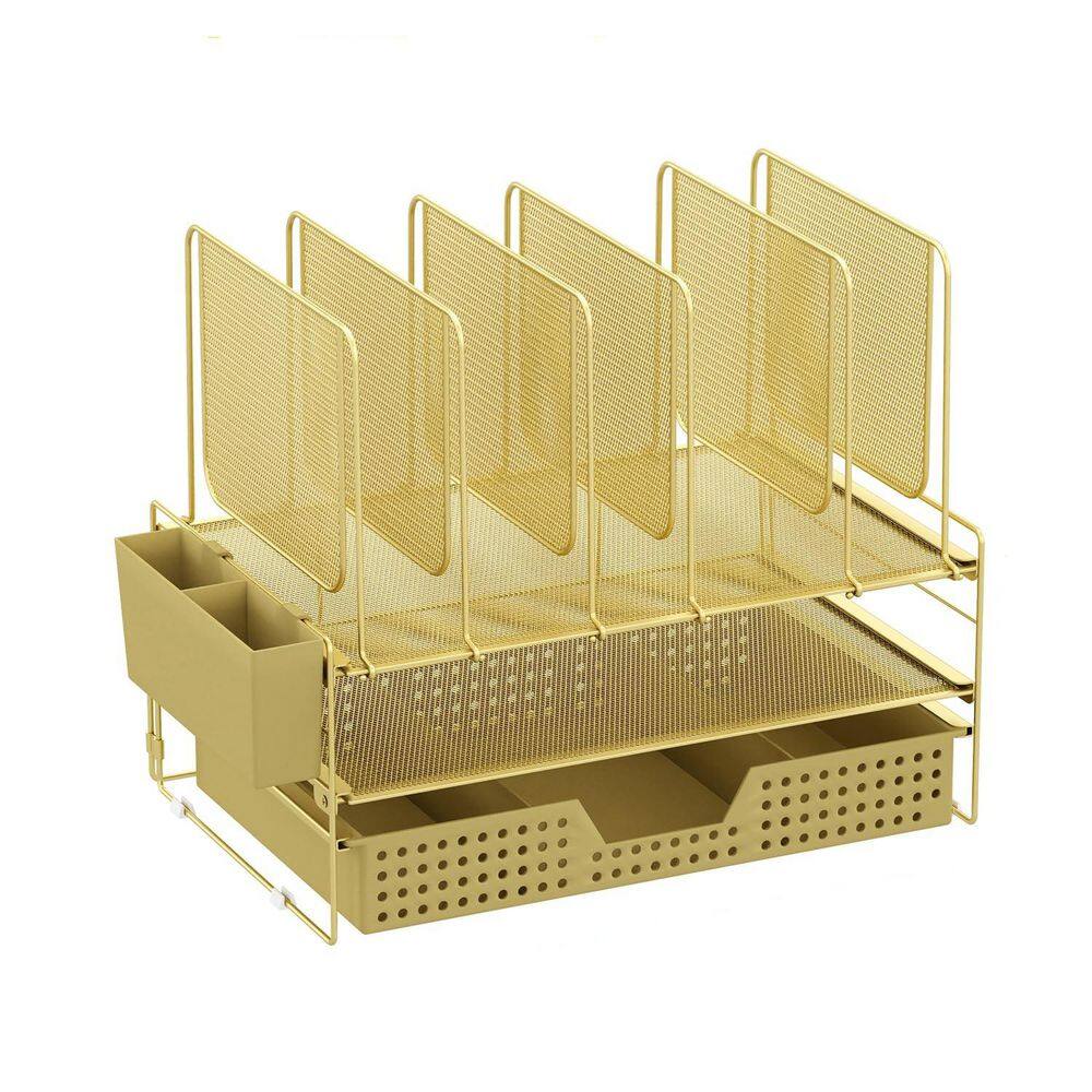 Gold 13 in. x 12.2 in. Metal Desk Organizers with File Holder and Draw ...