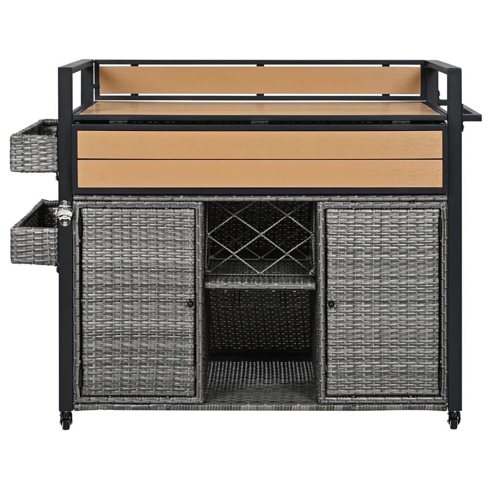 OLUMAT 52.8 in. Gray Wicker Outdoor Kitchen Island Grill Cart with ...