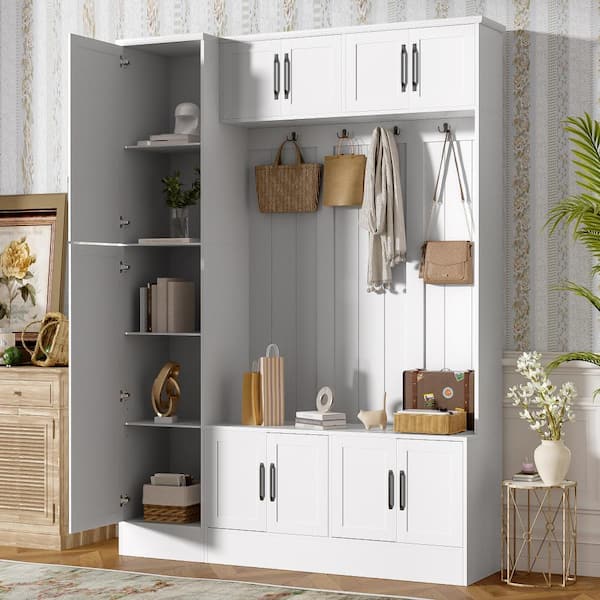Nestfair 59 in. W White 4-in-1 Hall Tree with 6 Cabinets, 4 Coat Hooks ...