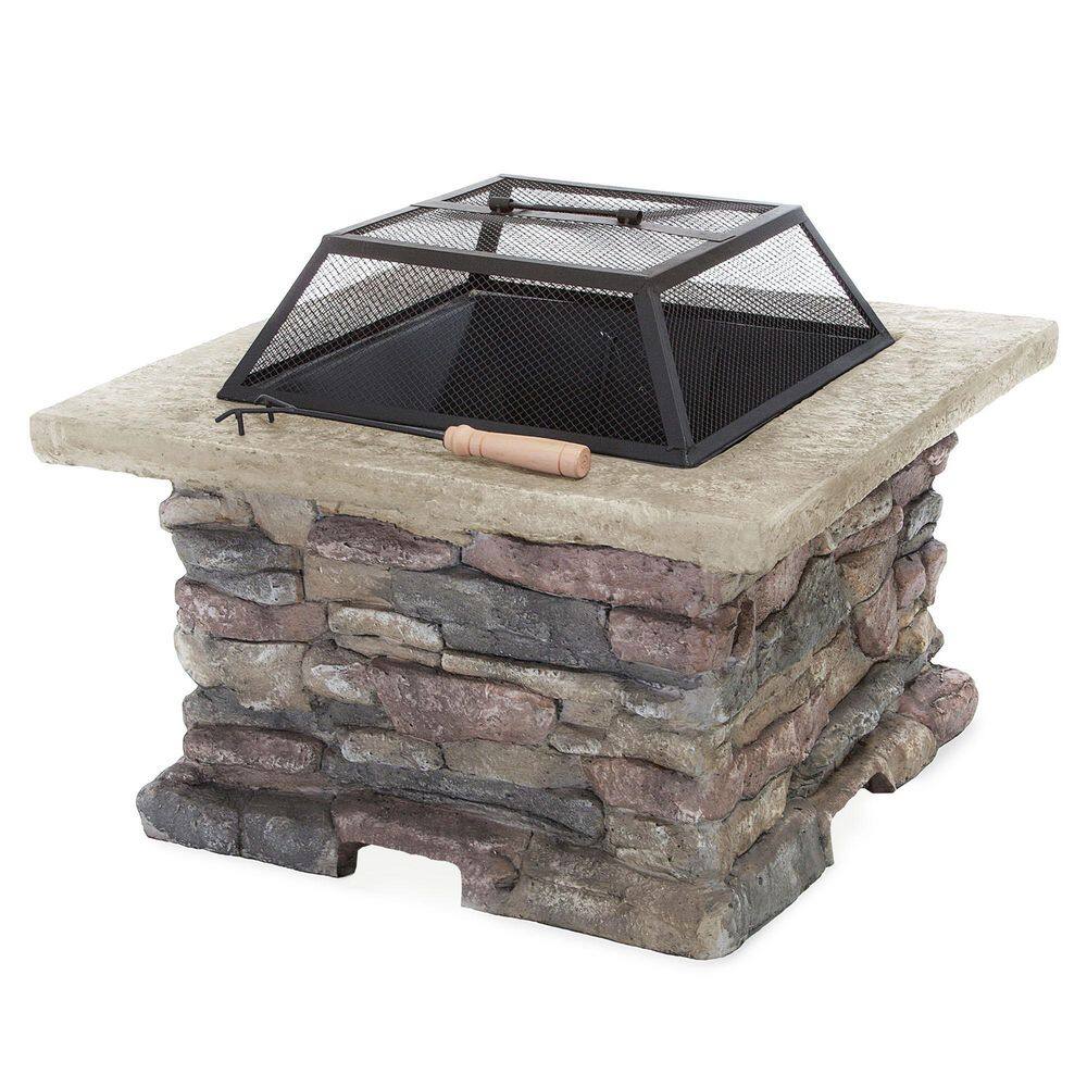 Kadehome 28.5 in. Square Stone Gray MGO Wood Burning Outdoor Fire Pit ...