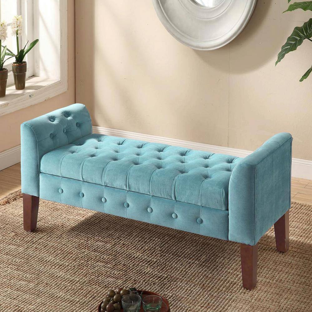 Homepop Teal Velvet 50 in. Settee Bedroom Bench Without Back Tufted ...