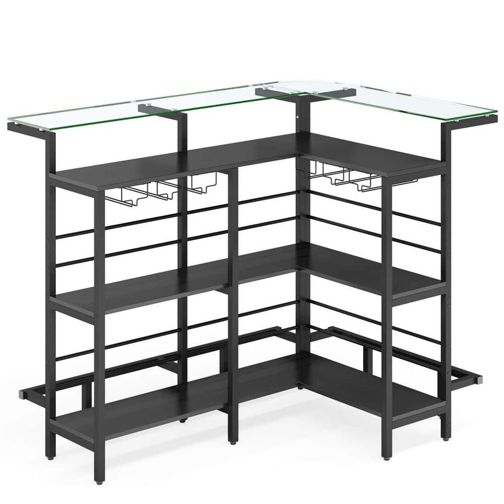 Tribesigns Bryan Black Bar Unit, L Shaped Bar Table with Wine Glass ...