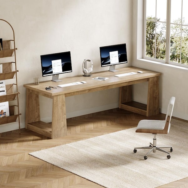 BYBLIGHT Moronia 86.6 in. Rectangle Oak Color Wood 2-Person Computer ...