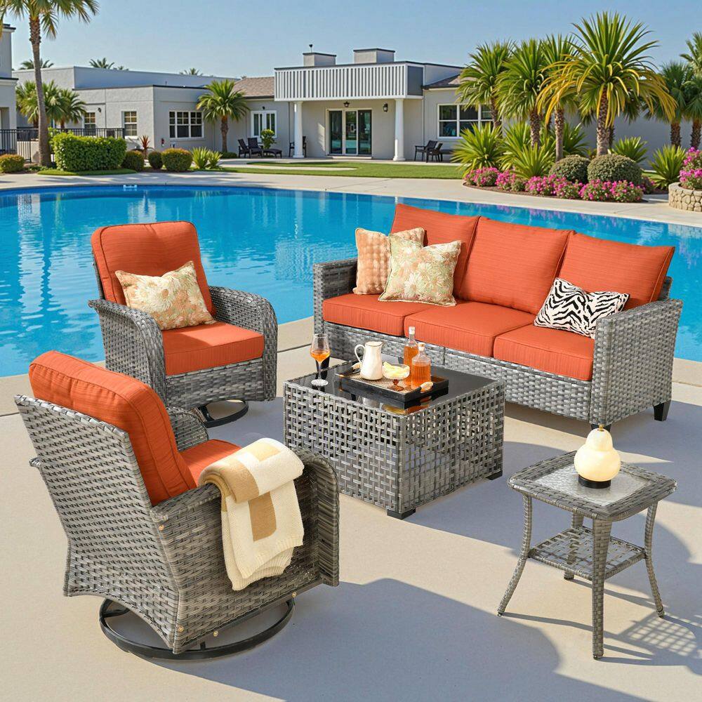 Caodoc Thallo Gray 5-Piece Wicker Outdoor Sectional Patio Conversation Set with Orange Red ...