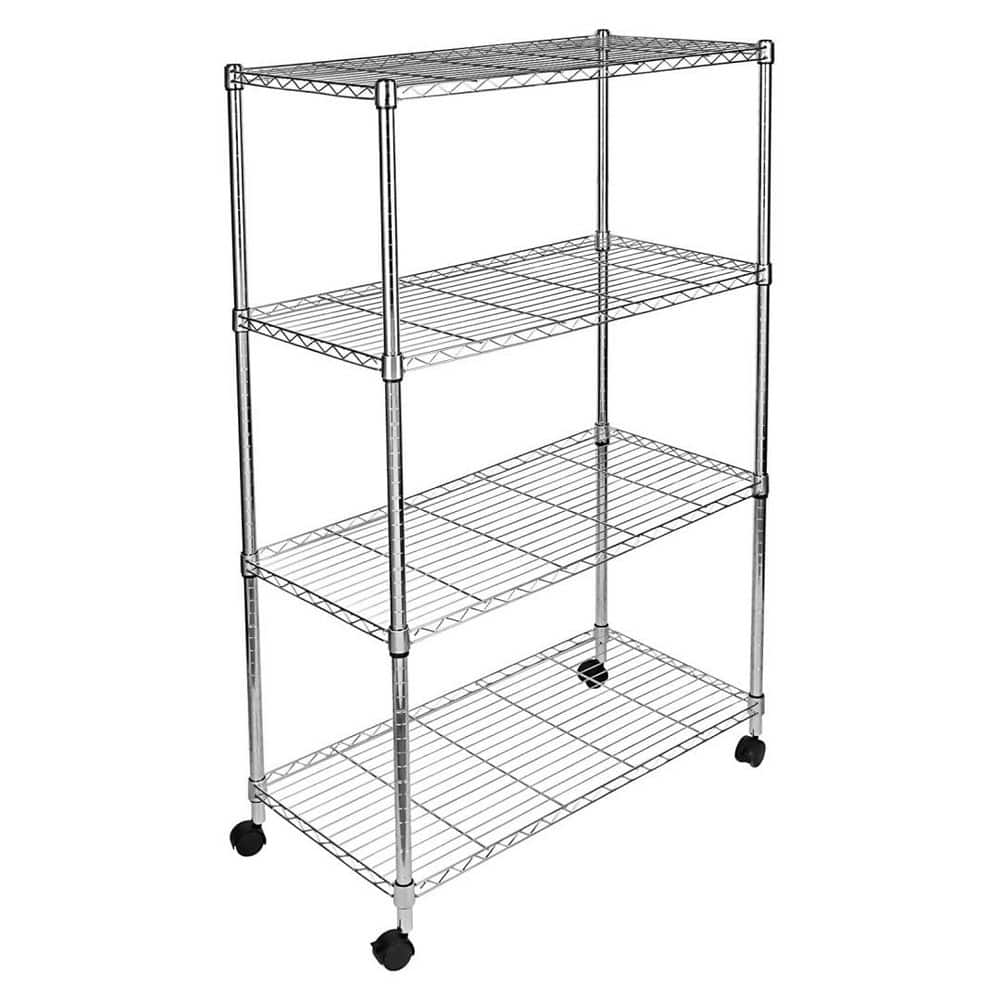 Otryad 4-Tier Chrome Heavy Duty Metal Shelving Unit, Stackable Wire Storage Rack on Wheels-35 in ...