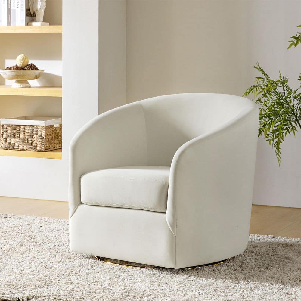 JAYDEN CREATION Estefan Ivory Comfy Velvet Swivel Barrel Chair with ...