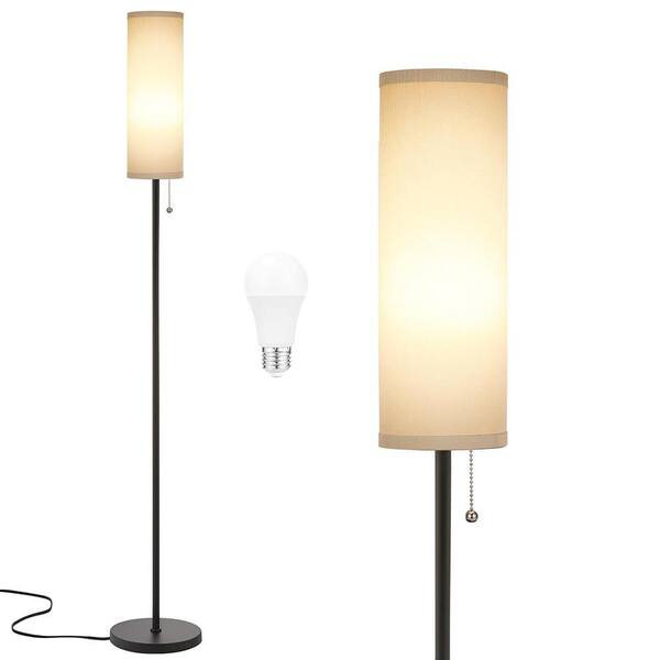 64 in. Black 1-Light Standard Floor Lamp with Linen Shade and 9W LED ...