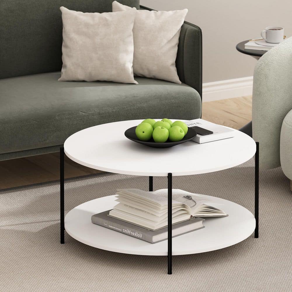 Furinno BESI 32.4 in. Plain White/Black Round Wood Coffee Table with ...