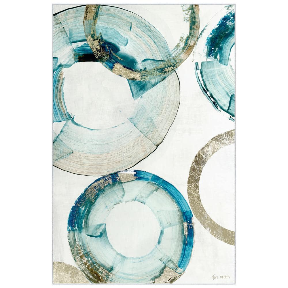 Empire Art Direct Blue 5 ft. x 8 ft. Gold Rings Washable Geometric Art ...