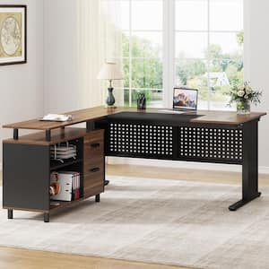 BYBLIGHT Lanita 71 in. Brown Wood L Shaped Computer Desk with Mobile ...