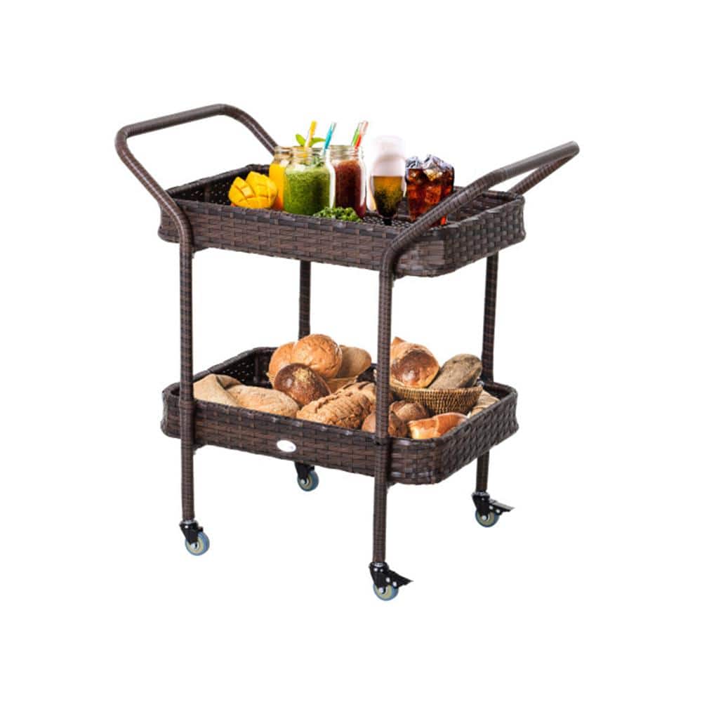 ITOPFOX Outdoor Patio Polyethylene Rattan Serving Cart with with 2-Tier ...