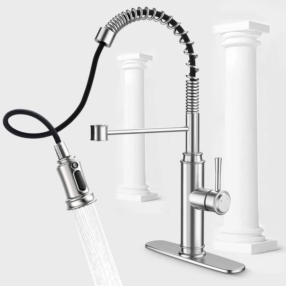 Single Handle 5. 12in Brushed Nickel Spring Pull Down Kitchen Faucet 3 ...