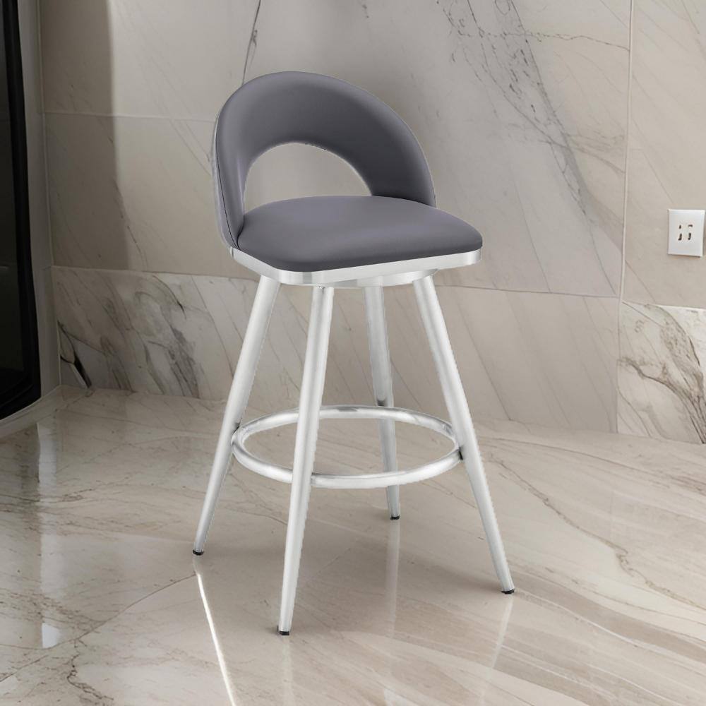 Benjara 26 in. Gray and Chrome Low Back Metal Frame Bar Stool with Faux ...