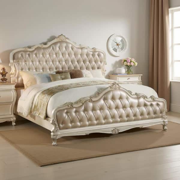 Benjara Classy Gold And White Wood Frame Queen Size Panel Bed with ...