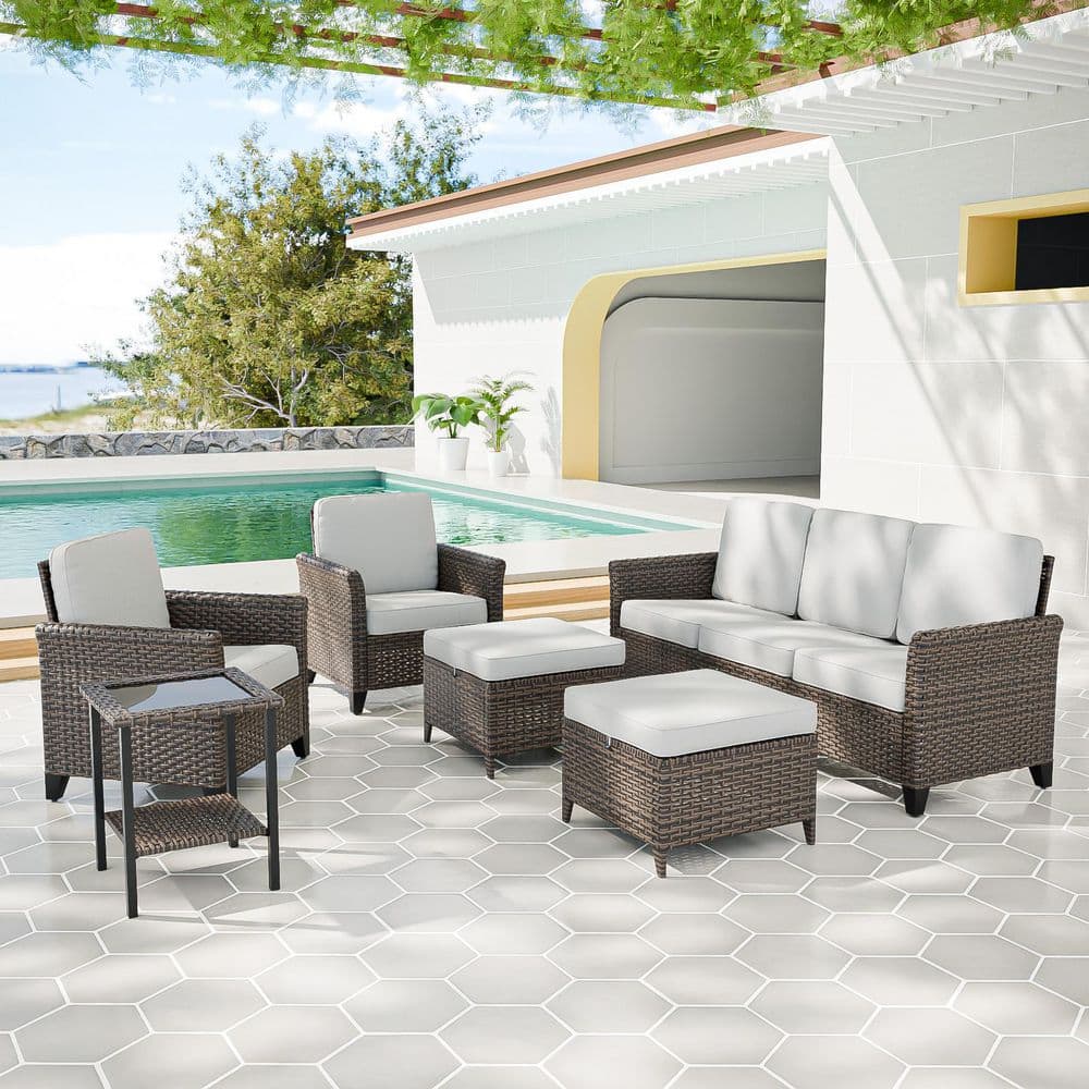 COOS BAY Brown Rattan Wicker 6-piece Outdoor Patio Conversation Set with Beige Cushions, Patio ...