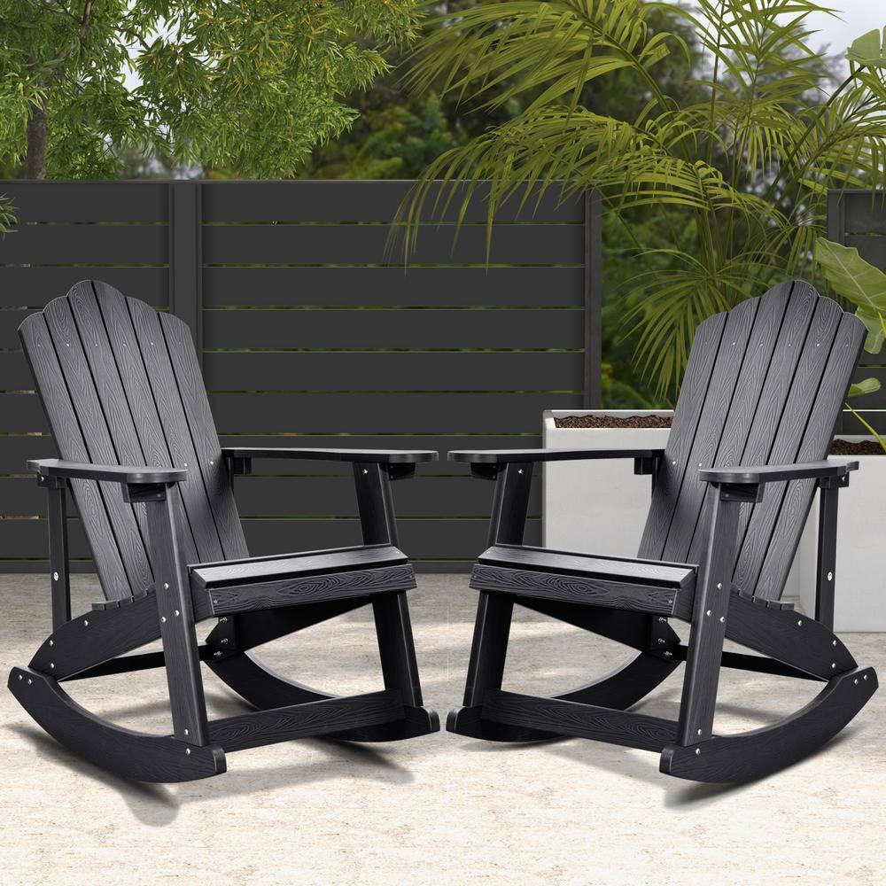 HOOOWOOO Acadia Black Outdoor Durable Plastic Rocking Adirondack Chair ...