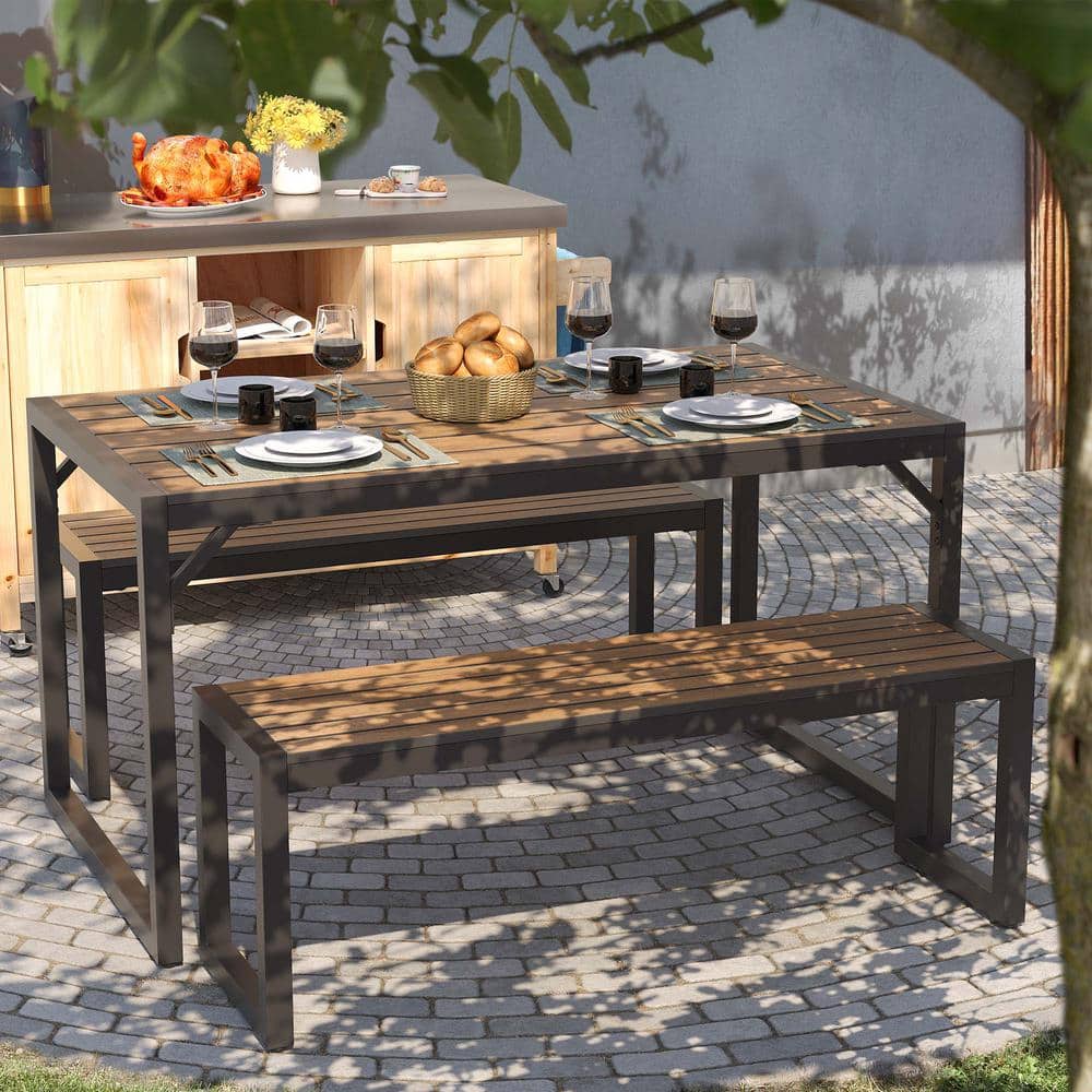 DEXTRUS 55 in. W Natural Rectangle Plastic Wood Picnic Table Dining ...